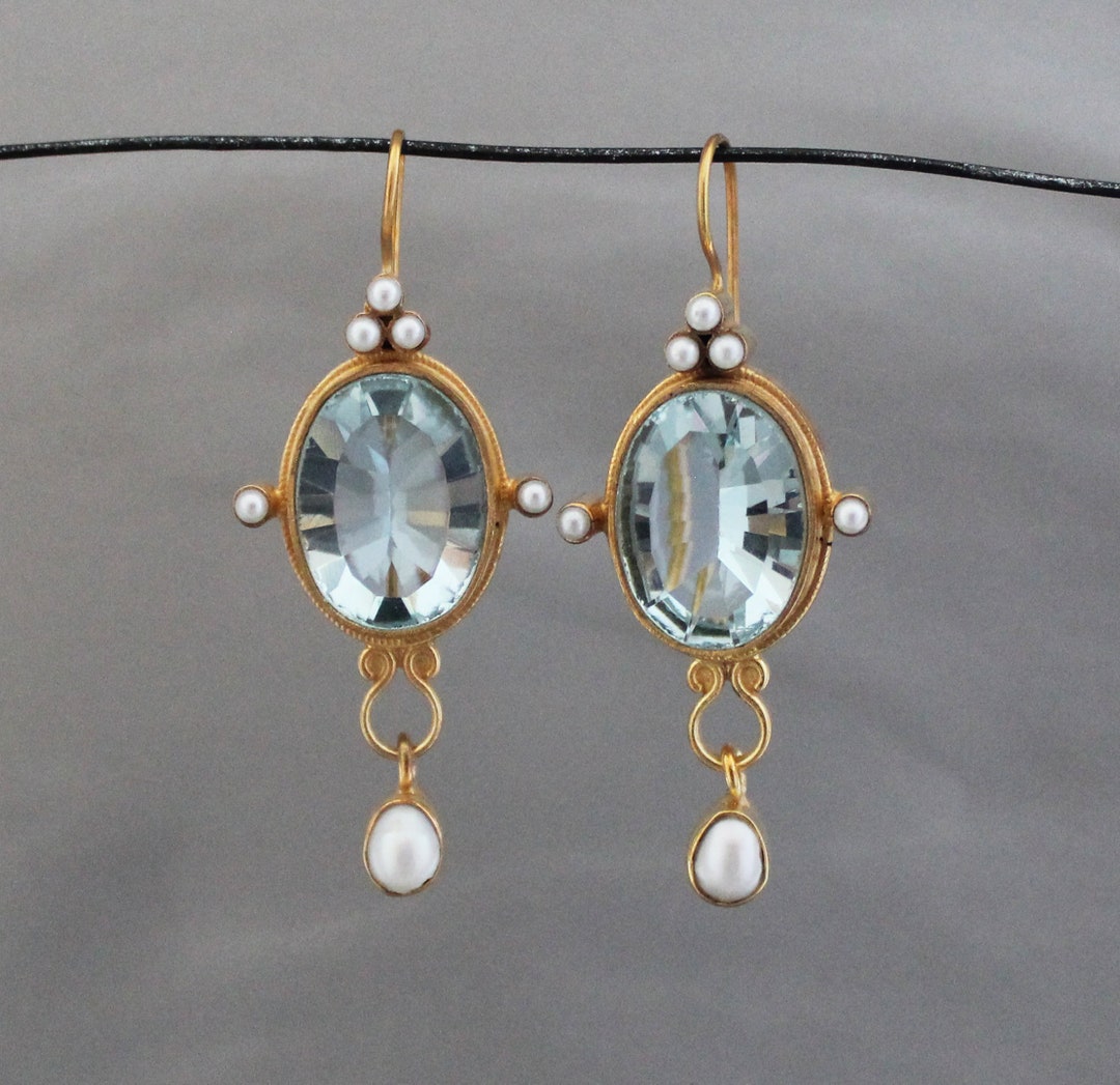 Intaglio Earrings, Blue Earring, 18K Gold Plated Earrings, 1920s ...