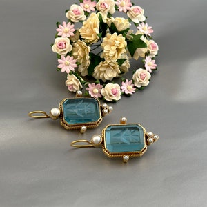 Intaglio Earrings, Blue Crystal Earrings, Victorian Earrings, Antique ...