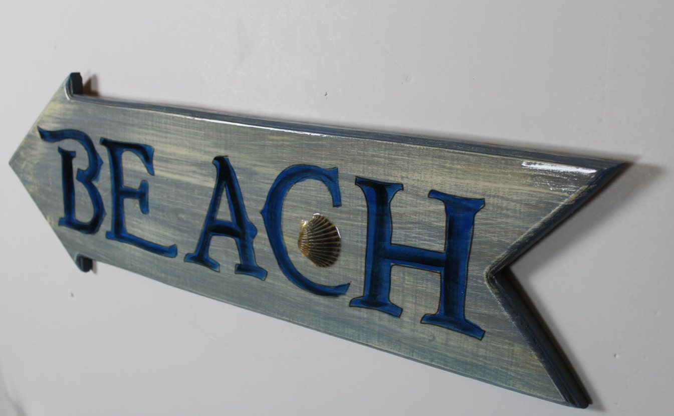 BEACH ARROW SIGN - handpainted directional sign on cypress wood