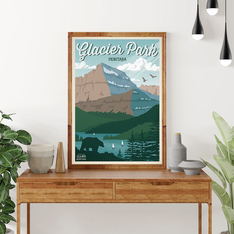 Glacier National Park Poster Vintage Travel Poster Glacier - Etsy