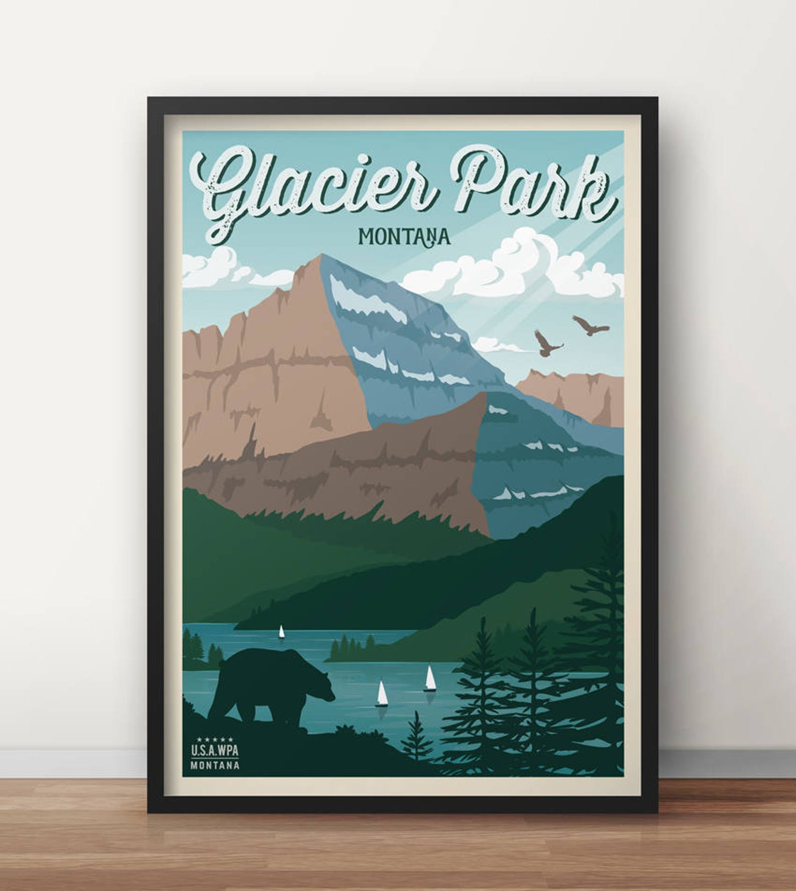 Glacier National Park Poster Vintage Travel Poster Glacier | Etsy