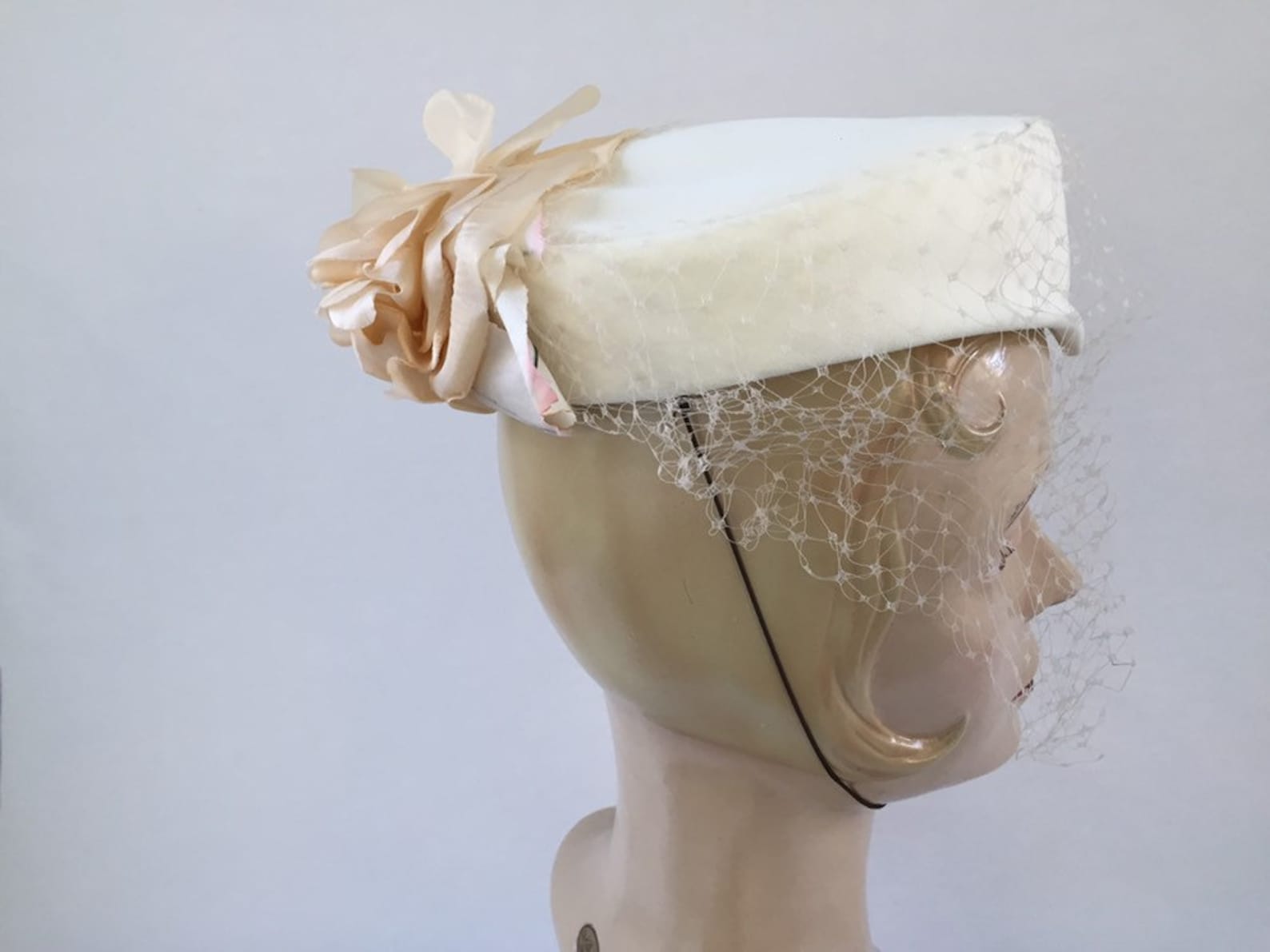Vintage Pillbox Hat Ivory Crepe & Veil and Faux Flower - Etsy Australia