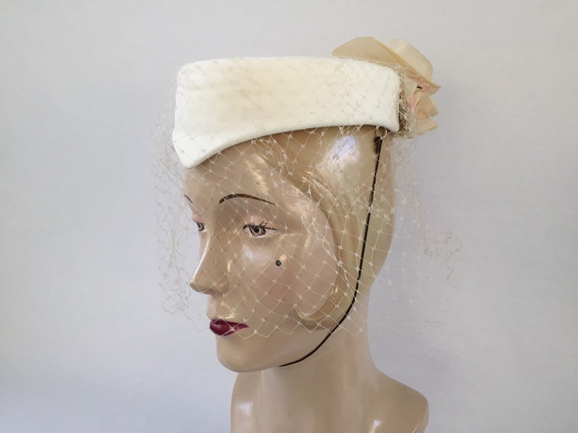 Vintage Pillbox Hat Ivory Crepe & Veil and Faux Flower - Etsy Australia