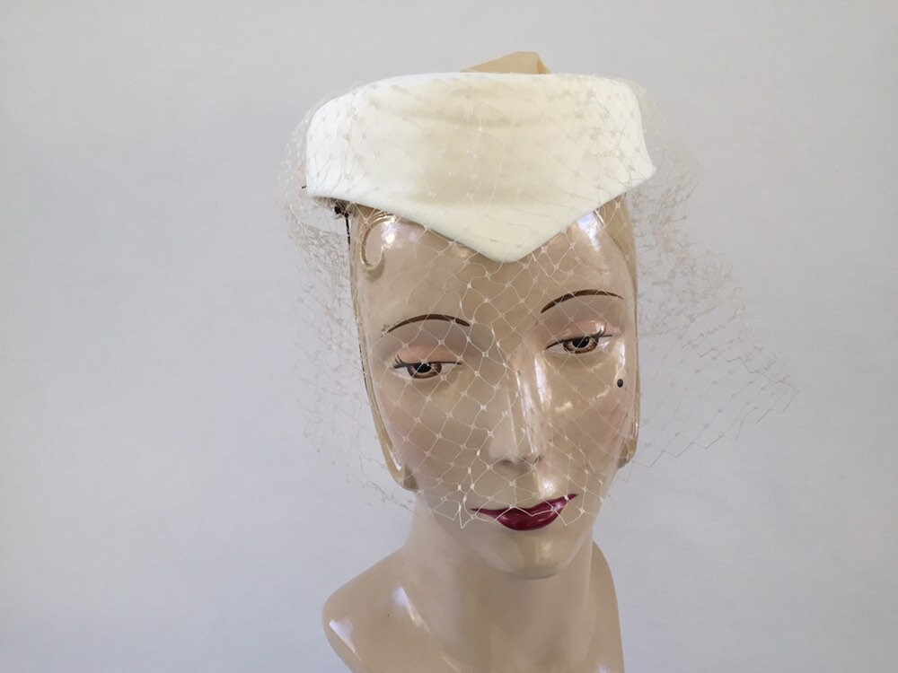 Vintage Pillbox Hat - Ivory Crepe & Veil and Faux Flower 1960's #20177 ...