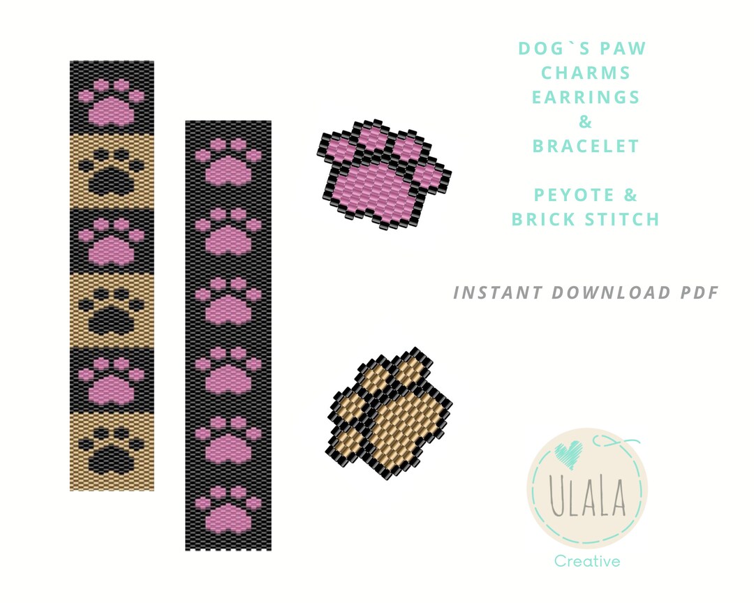 Set of Peyote and Brick Stitch Pattern Bracelets With Dog Paws and ...
