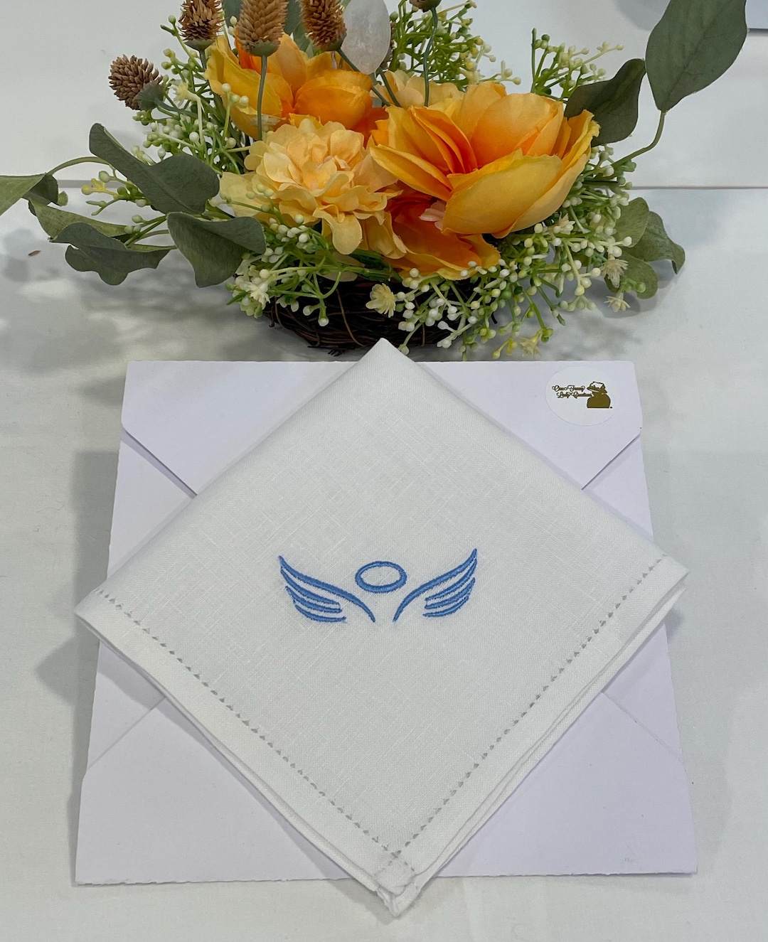 Memorial Handkerchief, Blue Angel Wings Halo Handkerchief, Linen ...