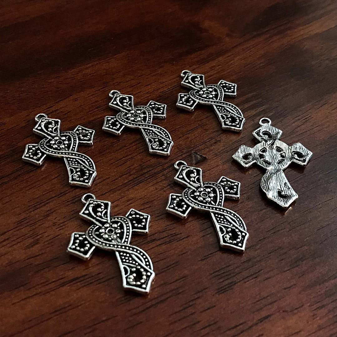 12pcs, Cross Charms, Antique Silver Charms, Silver Cross Charms, Fancy ...