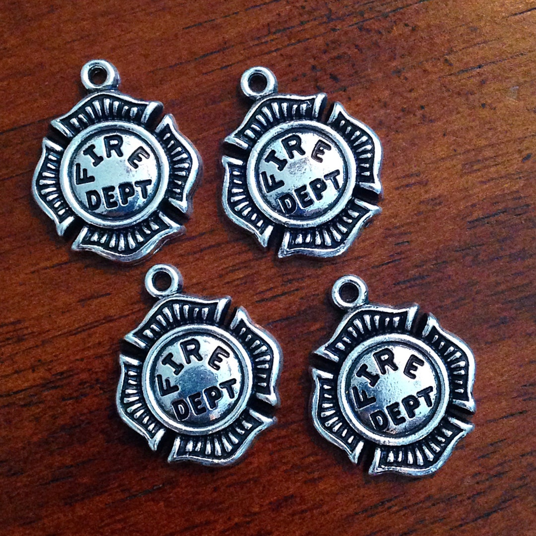 4 Fire Dept Charms, Antique Silver Charms, Fireman Badge Charms, Fire ...