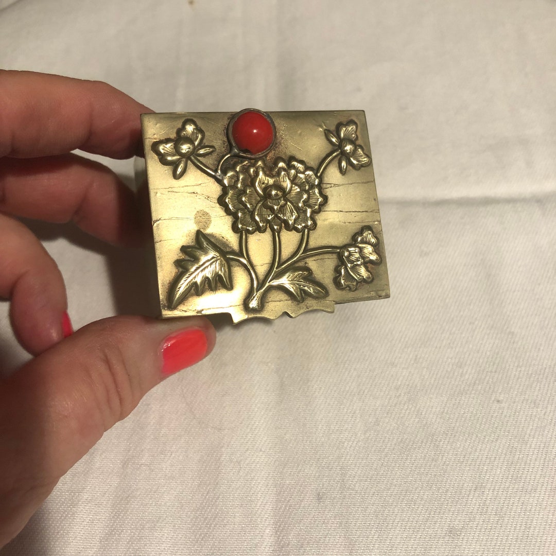 Vintage Chinese Brass Stamp Box With Red Cabochon/solid Brass Chinese ...