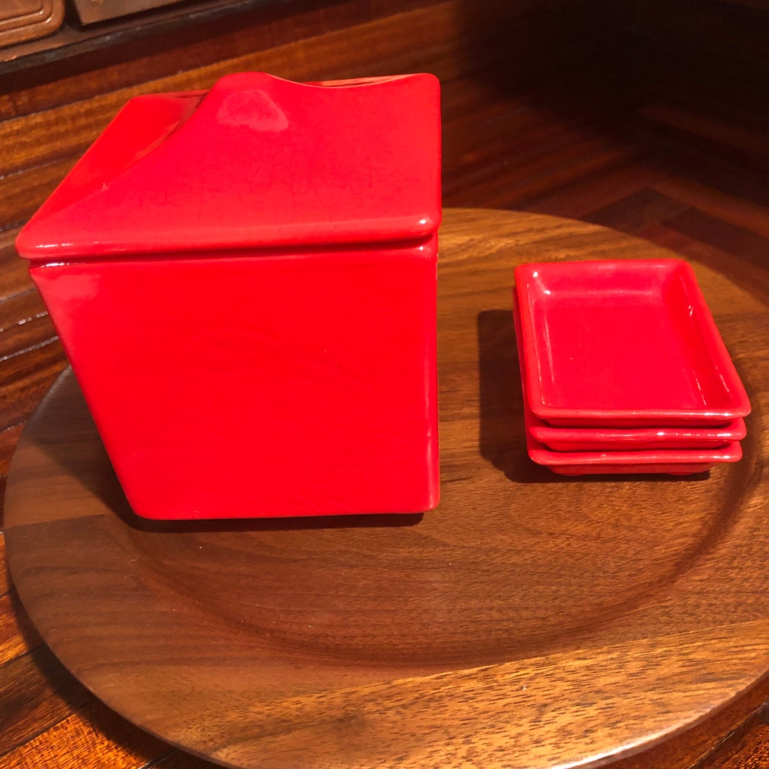 Vintage Red Ceramic Japanese Rice Container With Sauce Dishes/free ...
