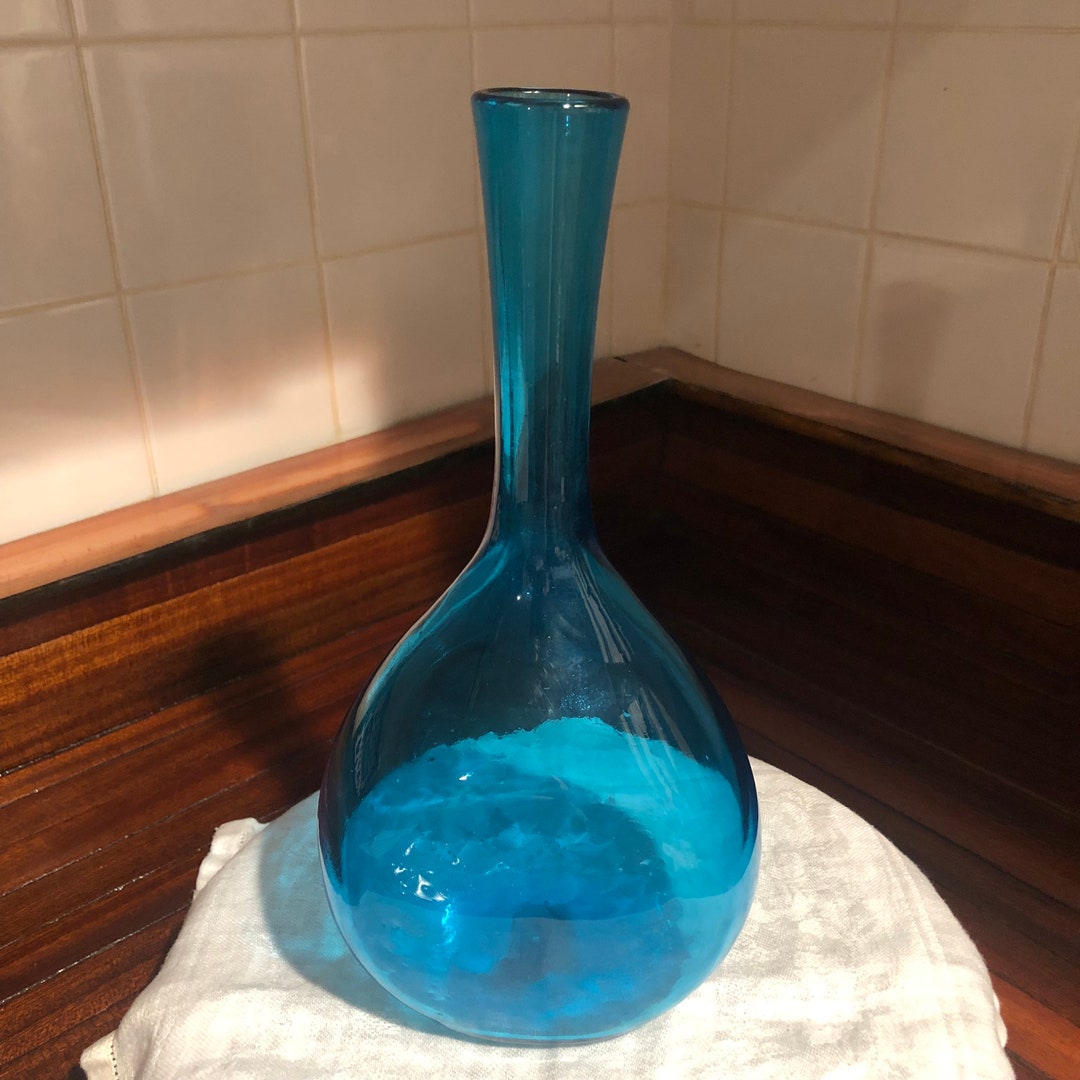Vintage Hand-blown Aquamarine Glass Vase/slim Neck Aqua Vase/blenko ...