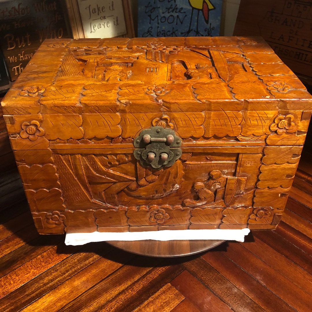 Large Vintage Chinese Hand-carved Camphor Box/chinese Tea Box/herb Box ...