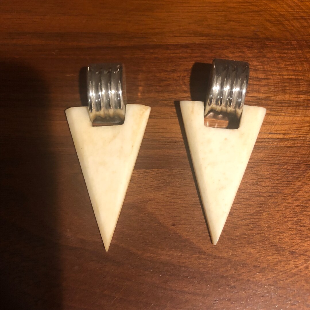 Vintage Handmade Tribal/art Deco Triangle Bone Pierced Earrings/free ...