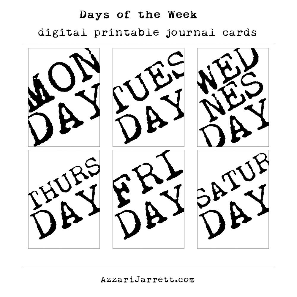 Days of the Week - Black and White Journal Cards, Project Life, Digital ...