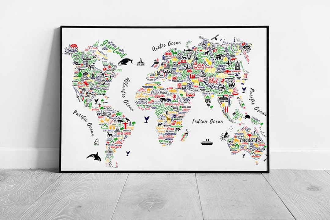 Children Kids Fun World Map of Names Art Wall Art Print on Paper Framed ...