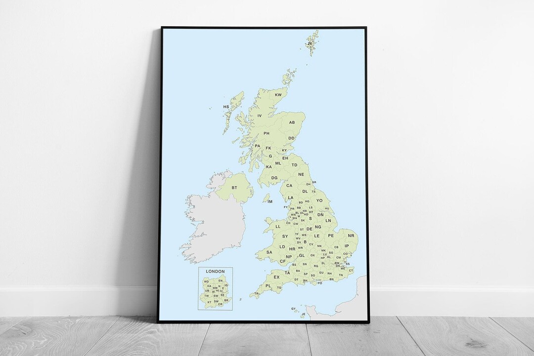 Traditional Postcode Map of the United Kingdom Light Blue Green Map ...