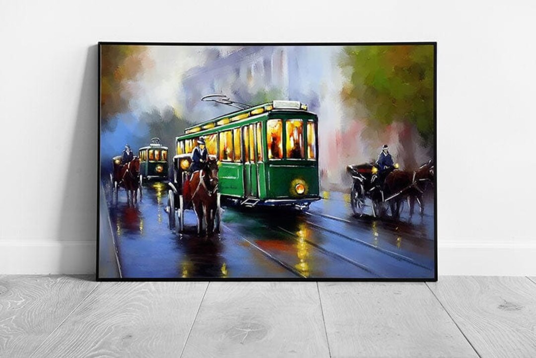 Vintage Historic Retro Transport Scene Trams and Horse Drawn Buggy Oil ...