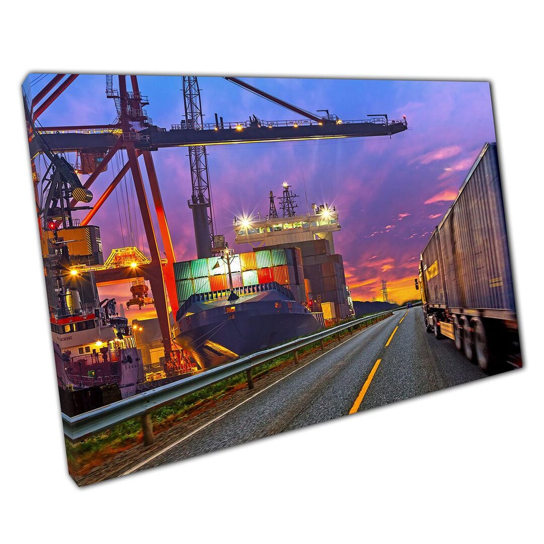 Industrial Transport Canvas: Container Truck Sunset at Port - Home ...