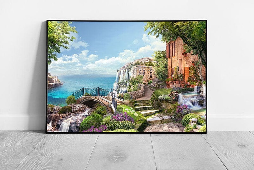 Ancient Houses Waterfalls Collage Wall Art Print Framed Landscape Decor ...