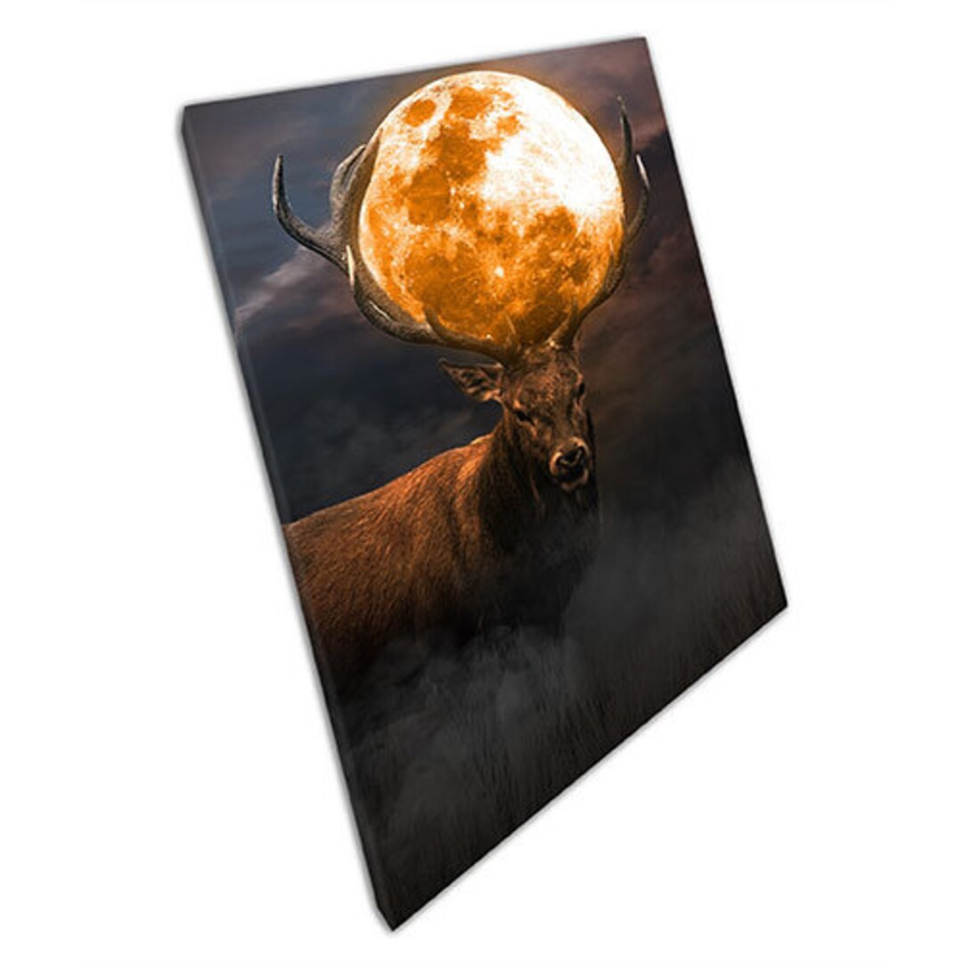 Stag Antlers Moon Canvas Wall Art Print Ready to Hang Home Office Décor ...