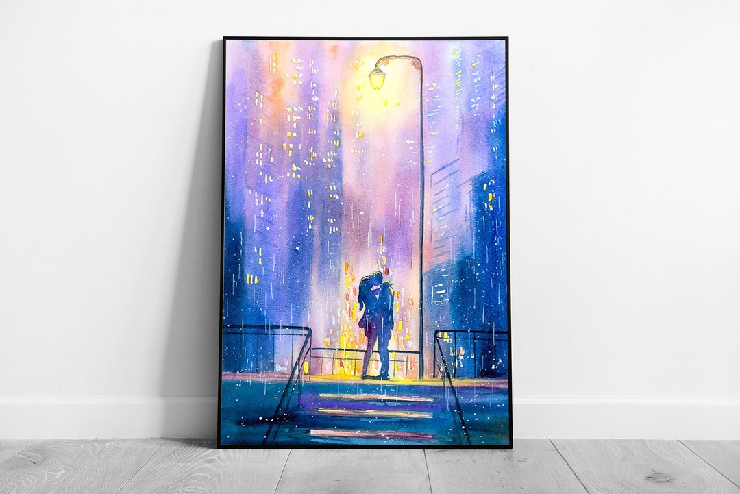 Couple Kissing Under the City Streetlight in the Rain Watercolour ...