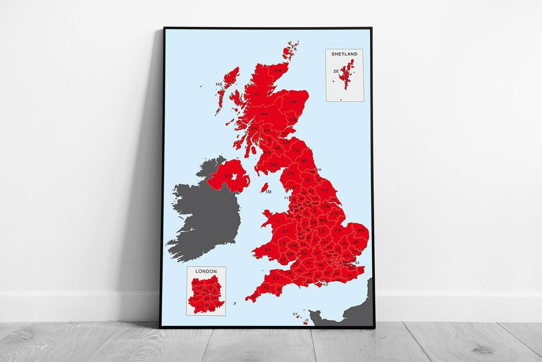 Framed UK Postcode Map Wall Art Print: Light Blue & Red British Isles ...