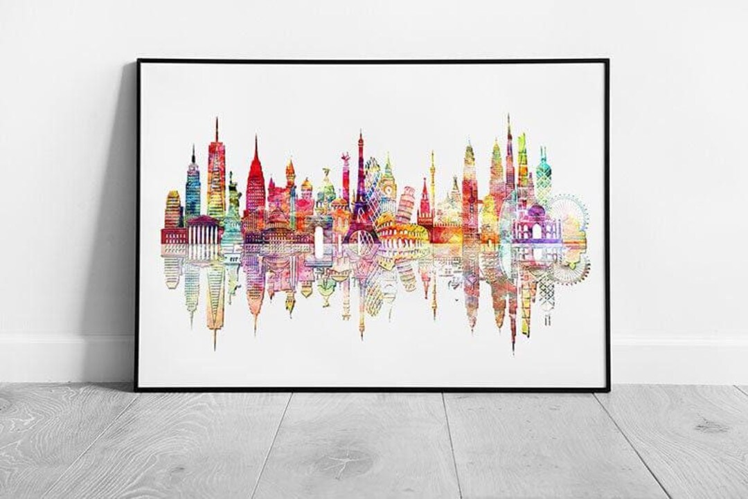 Print on Paper Colourful Landmarks WORLD Skyline Framed Wall Art Print ...