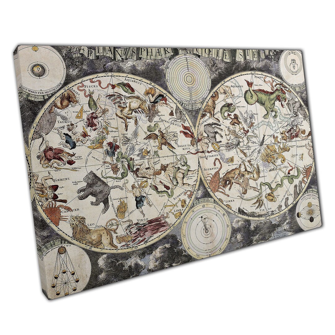 Old Fashioned Sky Map Canvas Print Hemispheres Constellations Wall Art ...