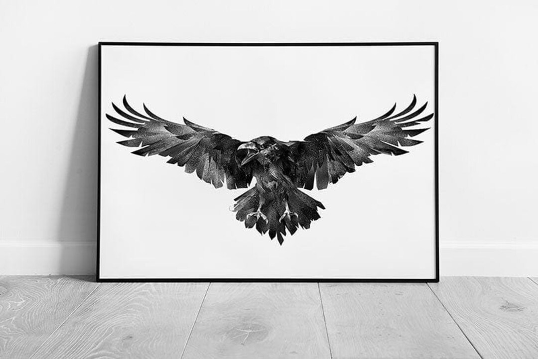 Flying Wild Raven Crow Illustration Wall Art Print on Paper Framed ...