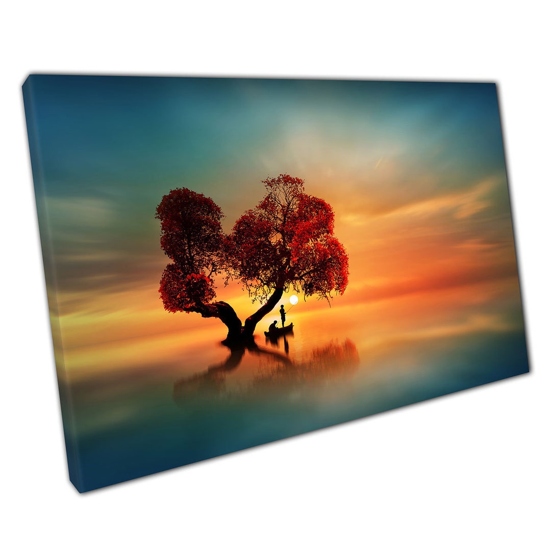 Red Tree Sunset Seascape Canvas Wall Art - Fantasy Fishing Scene for ...