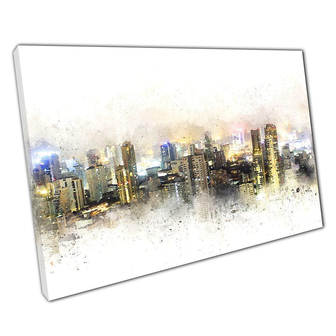 Urban Nightscape Watercolor Canvas: Abstract City Skyline Art Print for ...