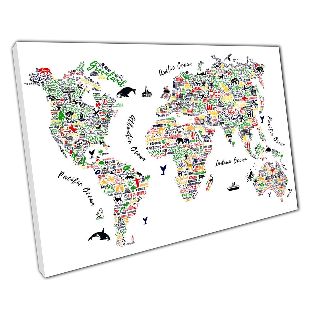 Children Kids Fun World Map of Names Art Canvas Wall Art Print on ...