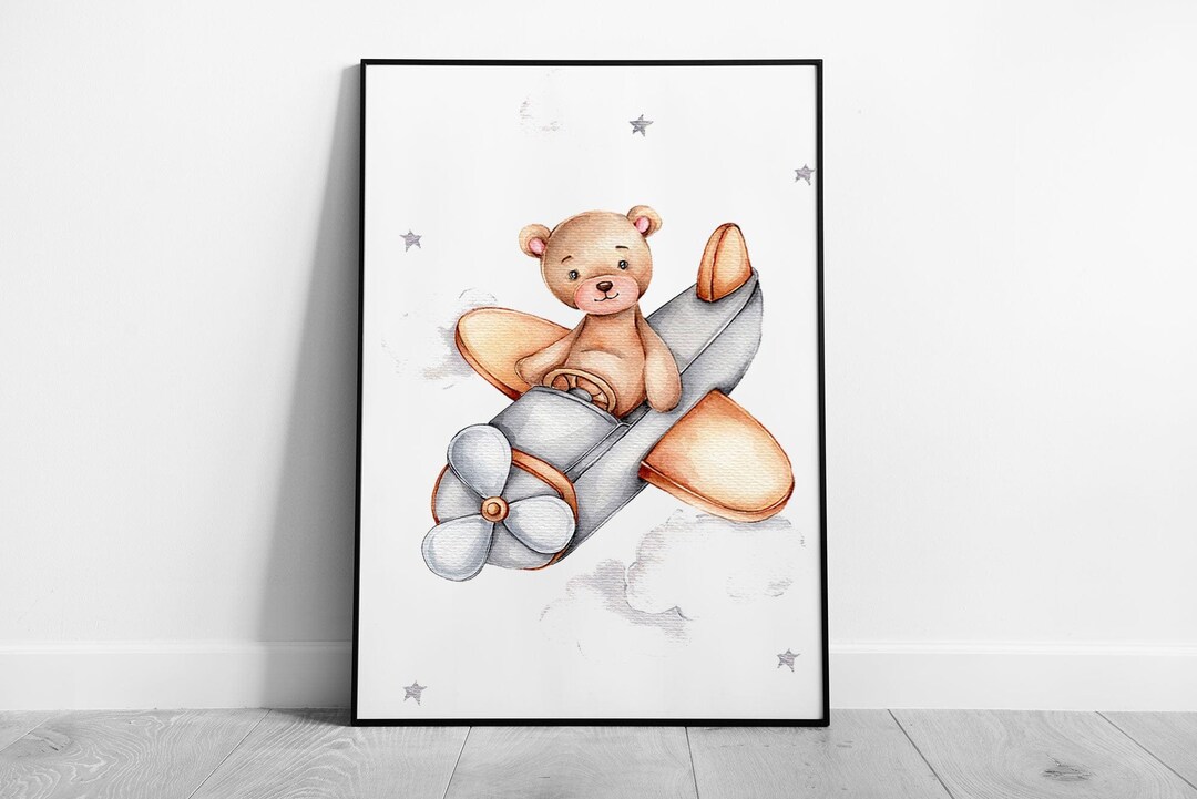 Cute Cartoon Teddy Bear Flying in A Little Plane Kids Room Art ...