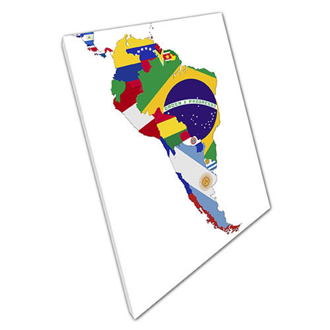 Print on Canvas SOUTH AMERICA Map of FLAGS Ready to Hang Framed Wall ...