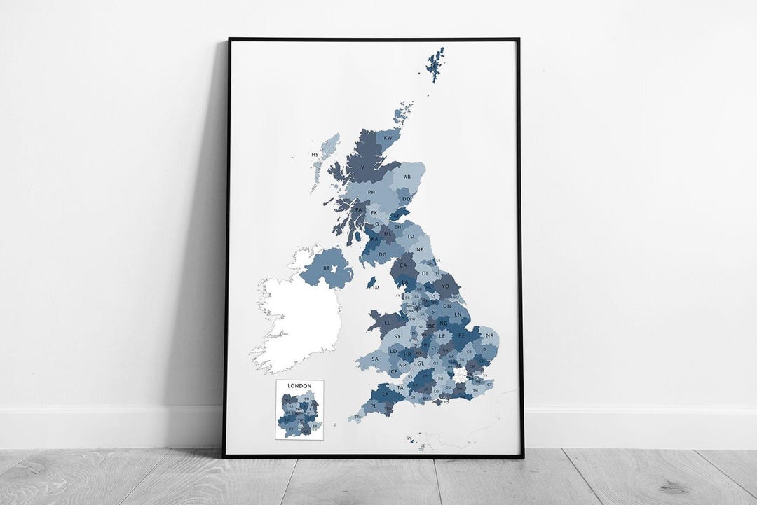 Framed UK Postcode Map: Ready-to-hang Wall Art Print for Home, Office ...