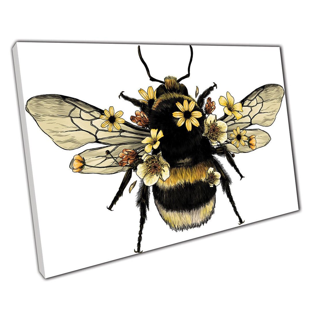 Cheerful Bumblebee and Blossoms Canvas Wall Art: Vibrant Yellow Floral ...