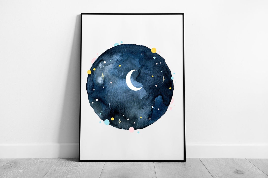 Simplistic Circular Night Sky Scene Watercolour Illustration Painting ...