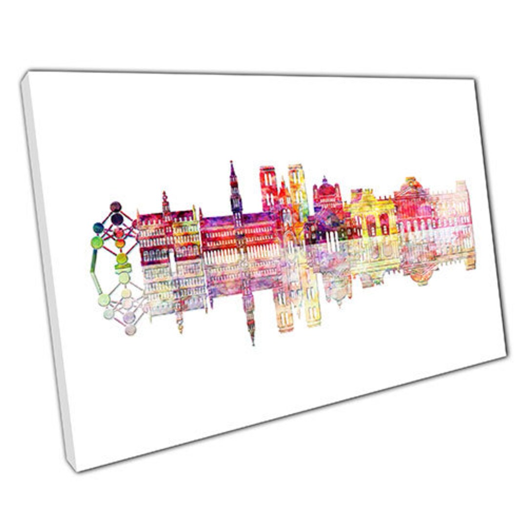 Print on Canvas Watercolour Landmarks BRUSSELS Skyline Framed Wall Art ...