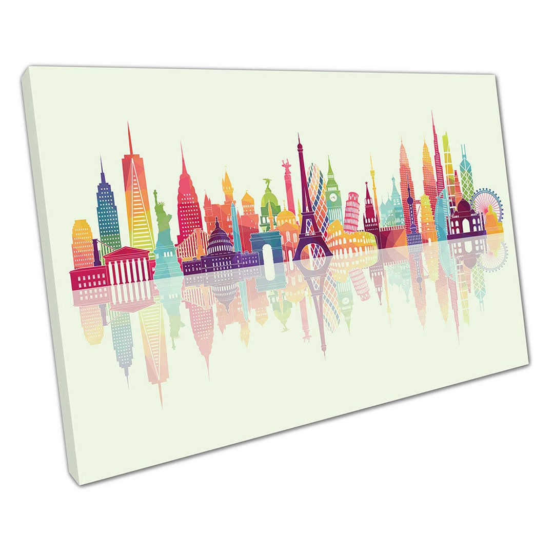 Green Colourful Landmarks of the World Building Skyline Ready to Hang ...