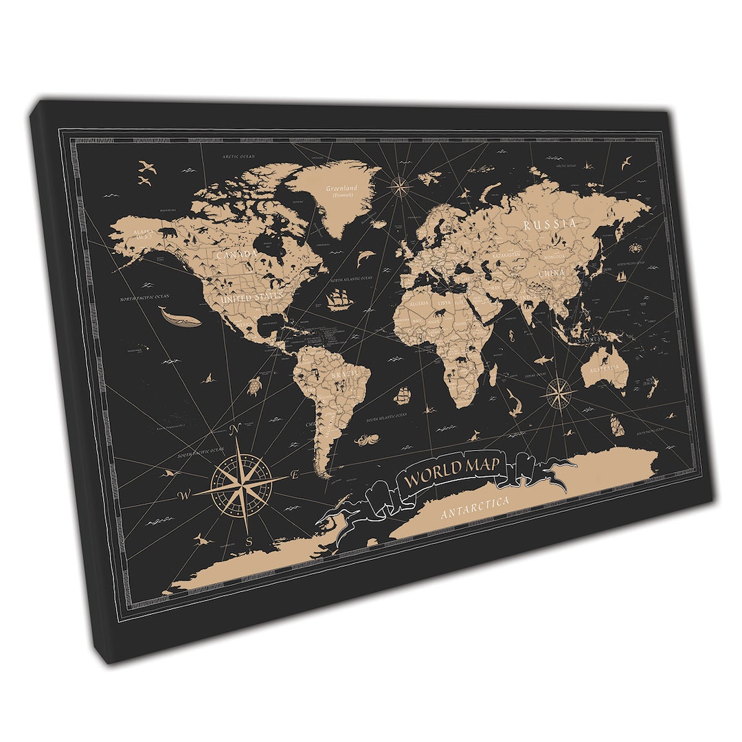 Vintage Style Black and Gold World Map Wall Art Print on Canvas Picture ...