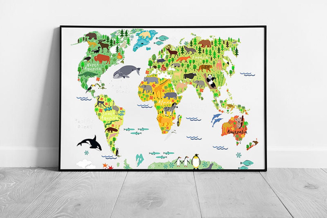 Illustration Art World Map of Animals Oceans Sea Life Ready to Hang ...