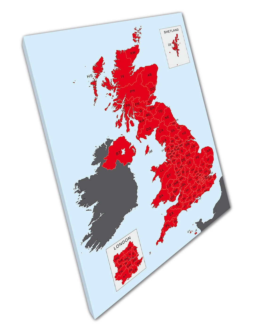 Light Blue Block Red UK Postcode Map Wall Art Ready to Hang Home Office ...