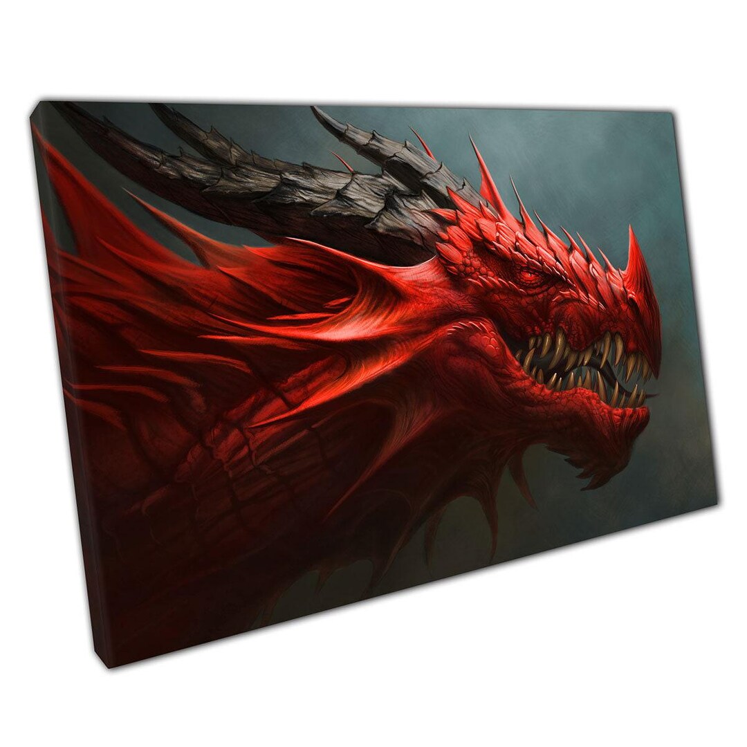 Crimson Red Dragon Fantasy Art Print on Canvas Vibrant Scaly Wall Decor ...