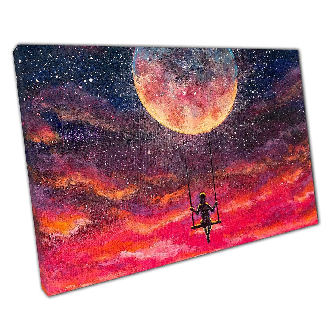 Enchanting Moonlit Fantasy: Girl on Lunar Swing Wall Art Canvas Print for Home & Office Decor ...