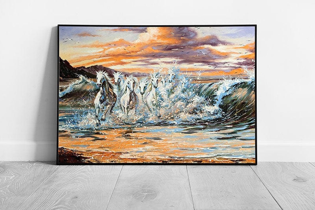 Horses Galloping From Waves in the Ocean Water Painting Wall Art Print ...