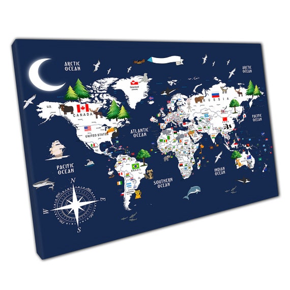 Fun World Map of Flags Animals Canvas Wall Art Print on Canvas | Etsy