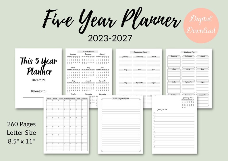 2023-2027 Five Year Planner , Printable Letter Size, 260 Pages 8.5x11 ...