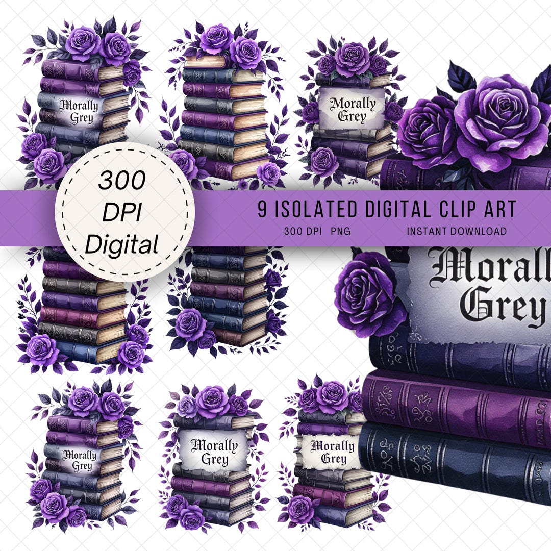 Gothic Book Stack Clipart: Purple Roses, Morally Grey (PNG Files) - Etsy