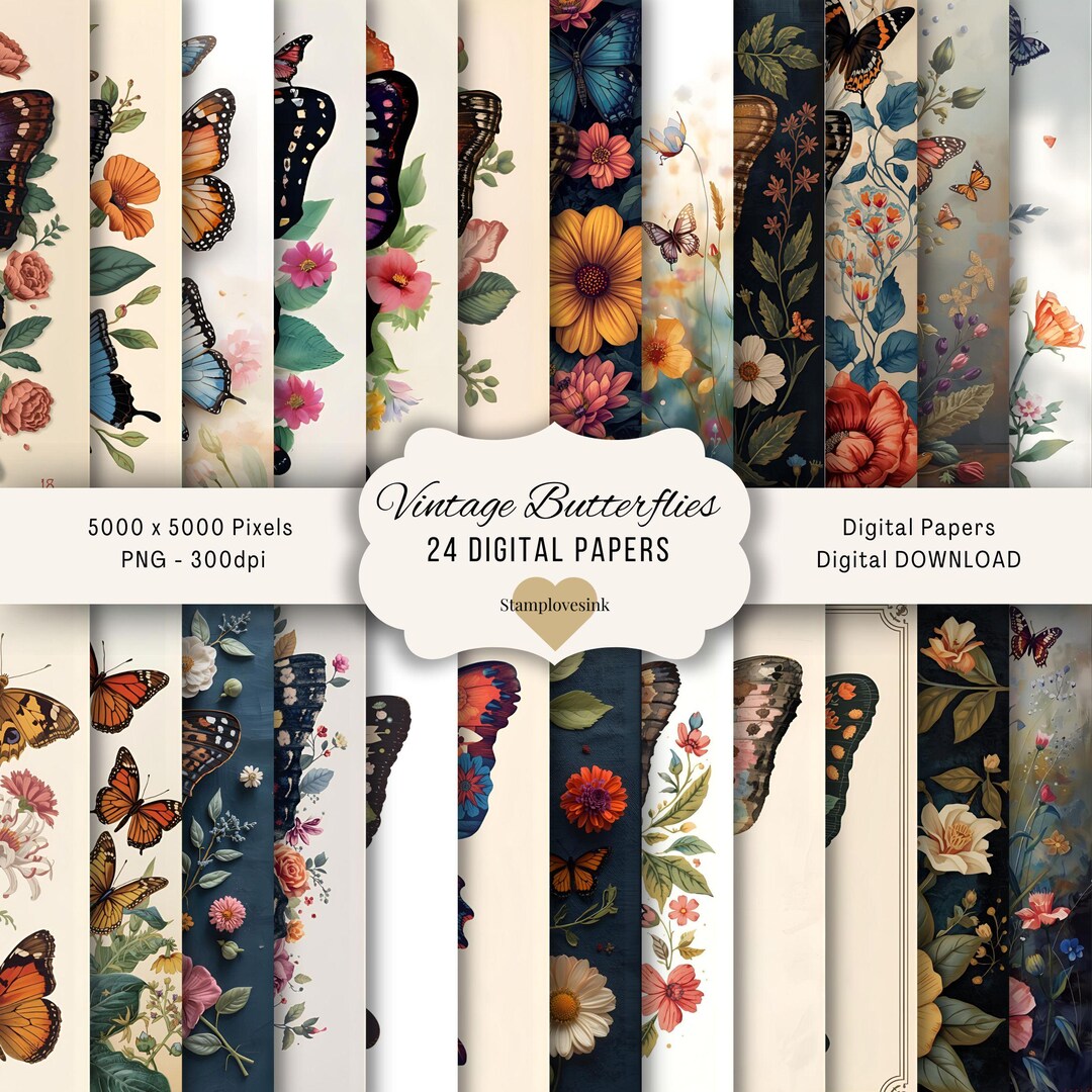 Vintage Butterfly Scrapbook Paper Bundle: Floral PNG Clipart (digital ...