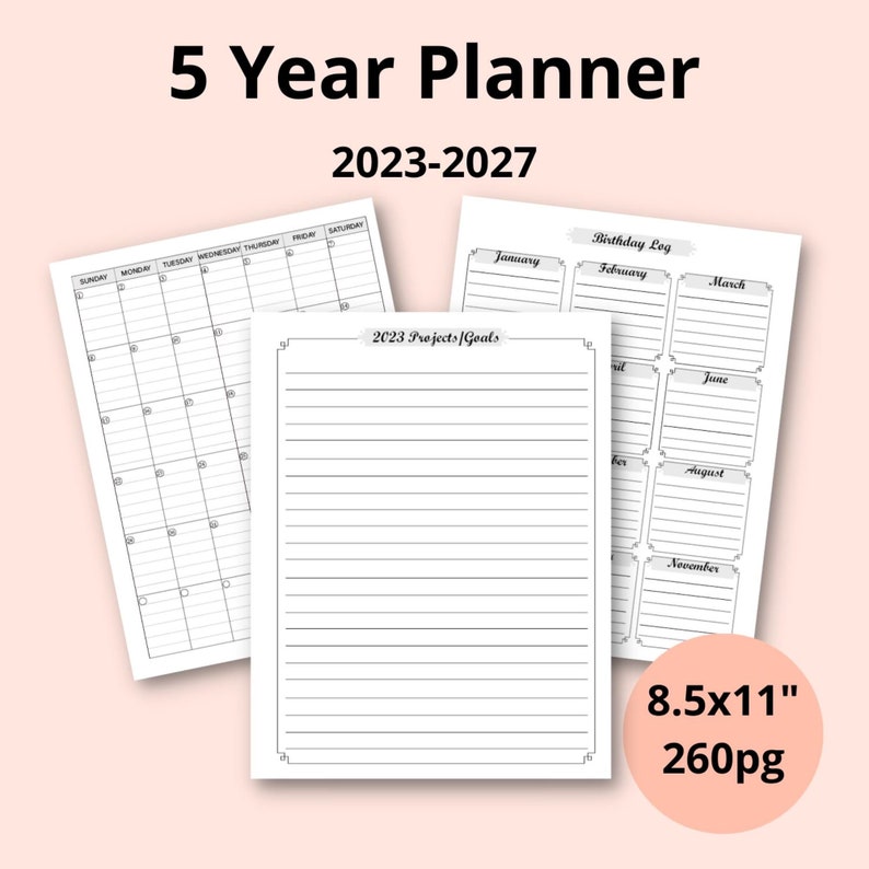 2023-2027 Five Year Planner , Printable Letter Size, 260 Pages 8.5x11 ...